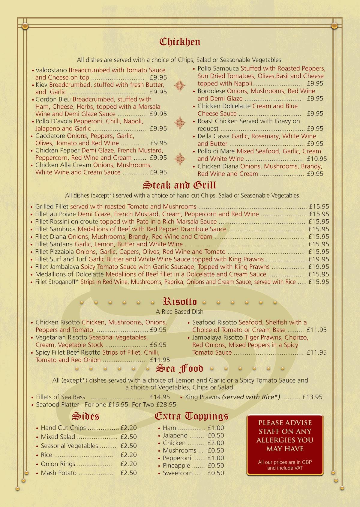 Menu at Sambuca Consett restaurant, Consett