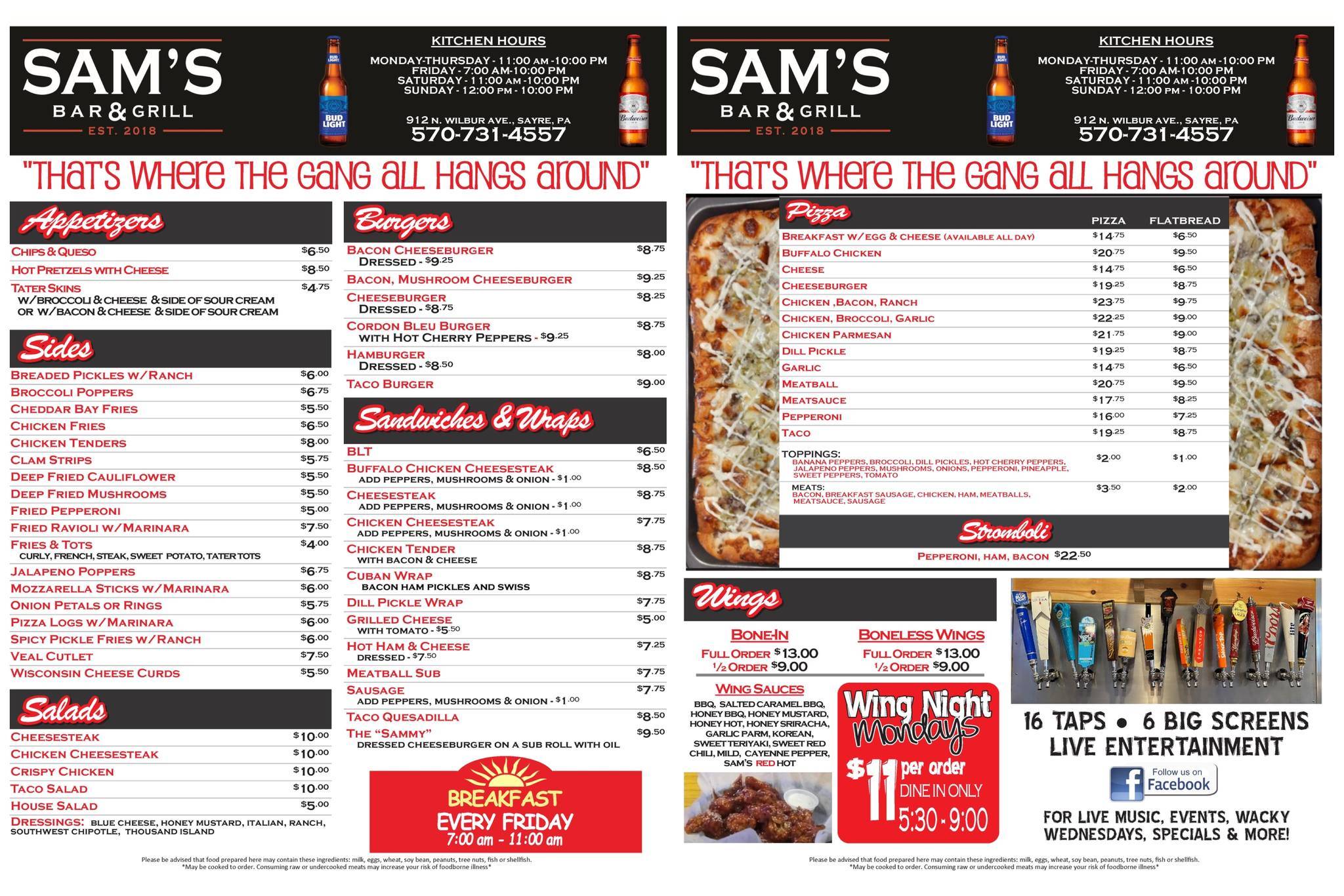 Menu at Sam’s Bar & Grill, Sayre
