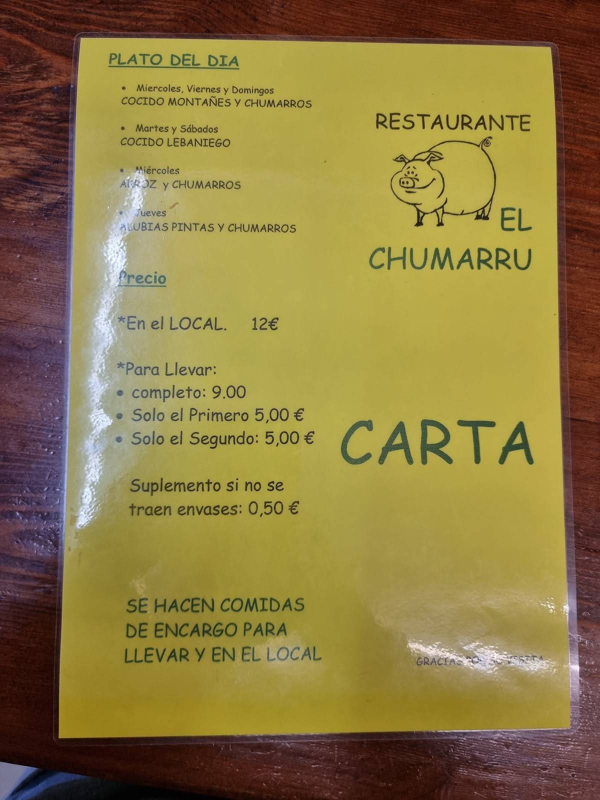 Carta de Restaurante El Chumarru, Santander