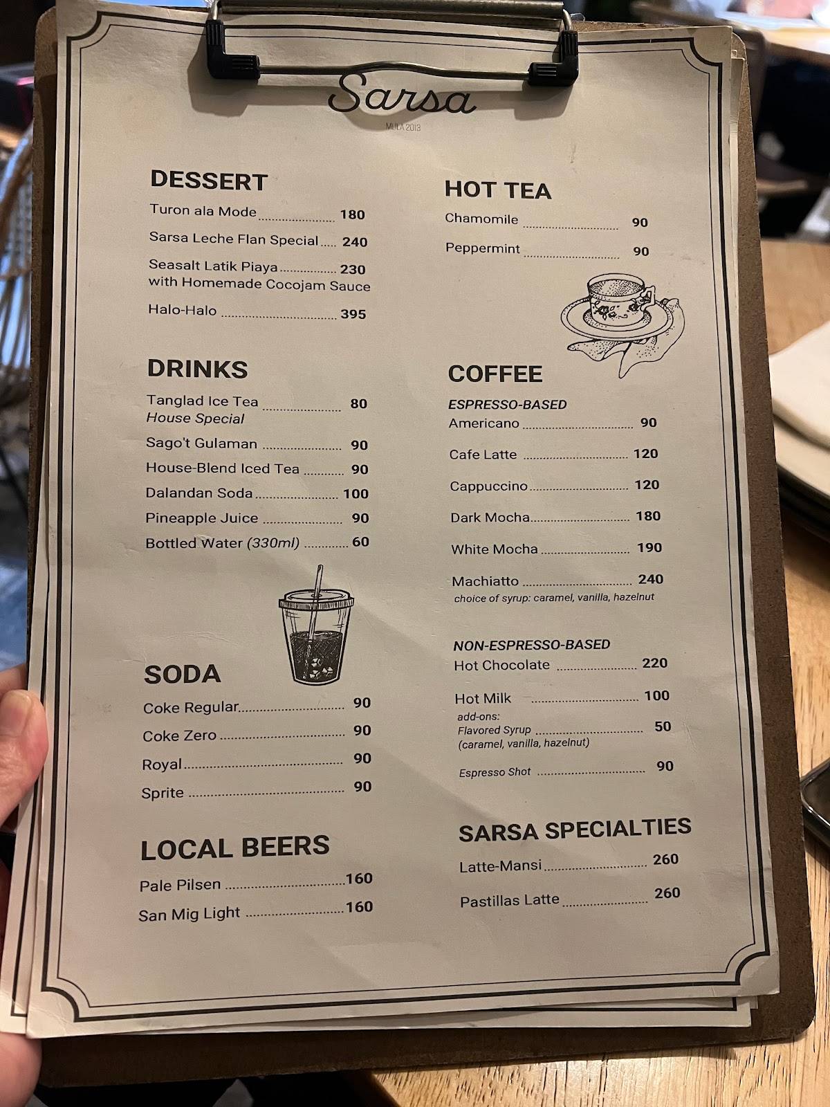 Menu at Sarsá Kitchen + Bar, Makati, 109 Rada