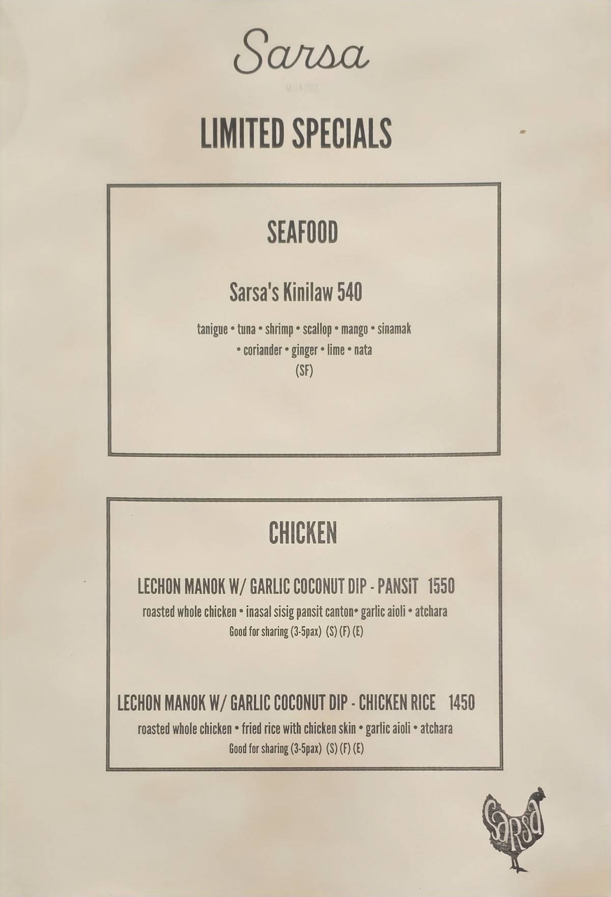 Menu at Sarsá Kitchen + Bar, Makati, 109 Rada
