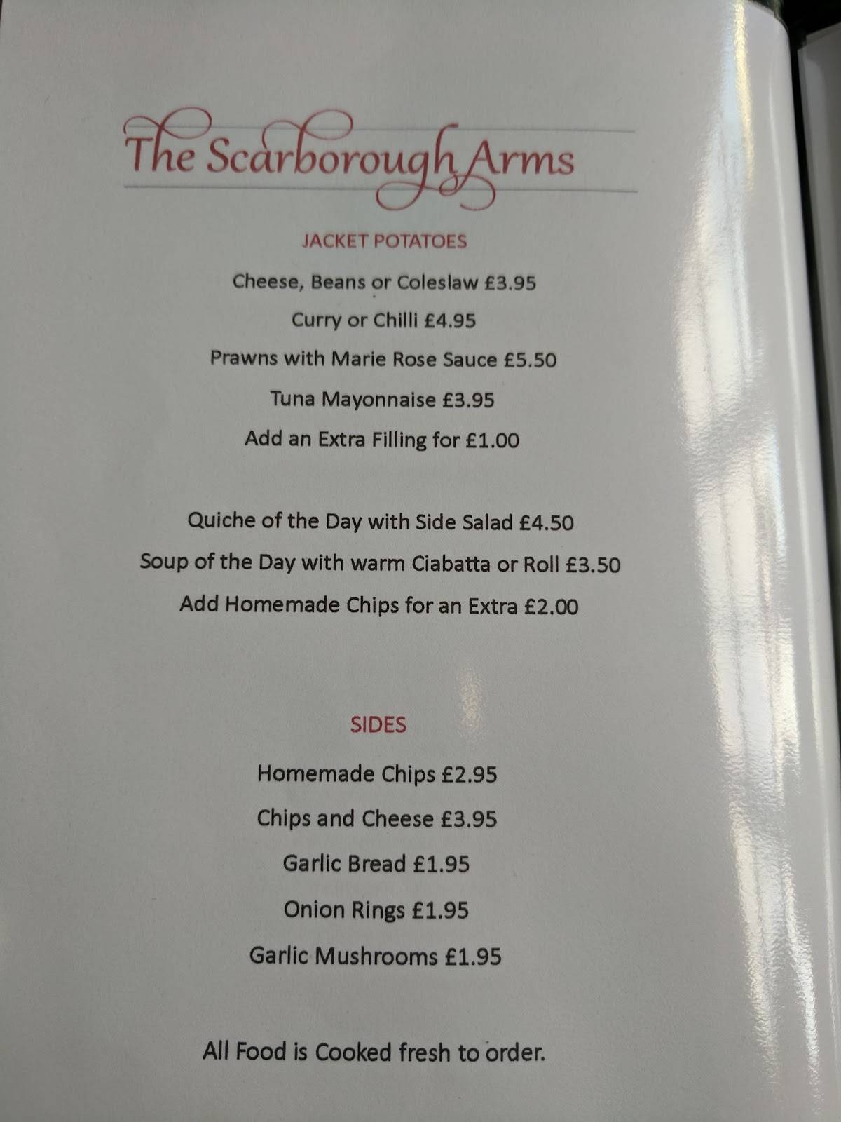 Menu at Scarborough Arms pub & bar, Scarborough