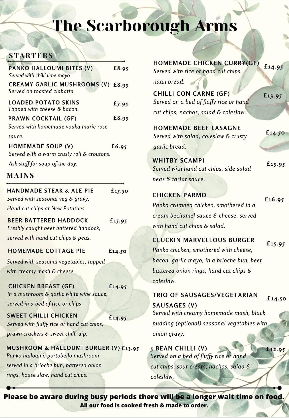 Menu at Scarborough Arms pub & bar, Scarborough