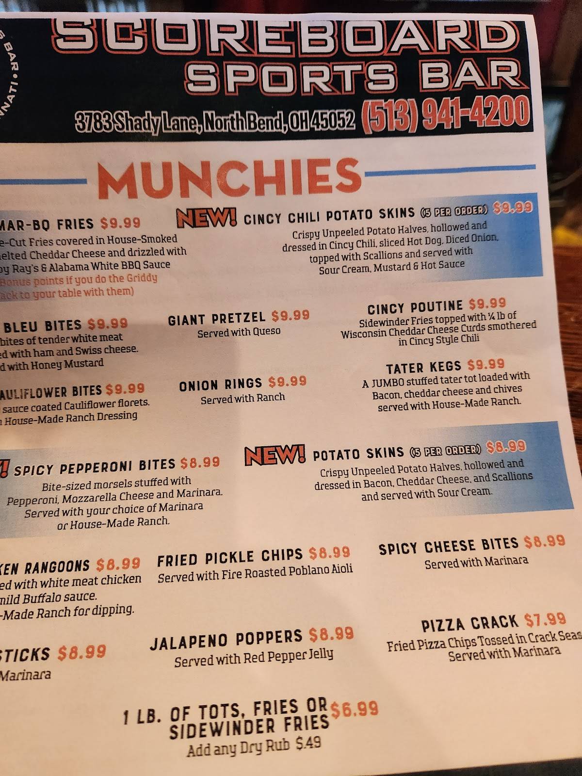 Menu at Scoreboards Sports Bar, North Bend, Shady Ln