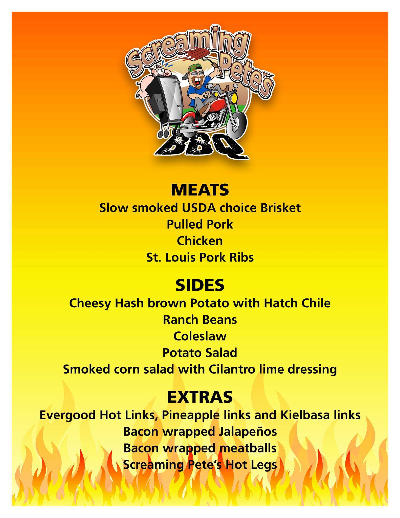Menu at Screaming Pete's BBQ, Escondido