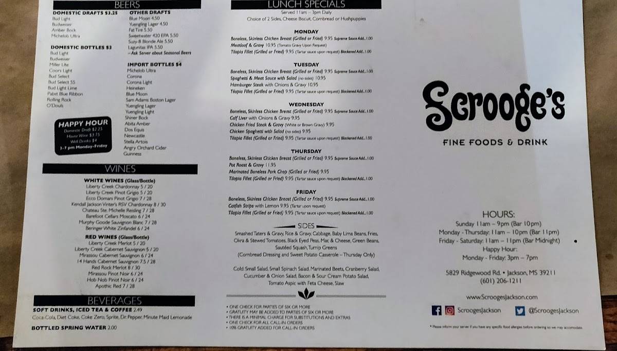 Menu at Scrooge's Fine Foods & Drink restaurant, Jackson