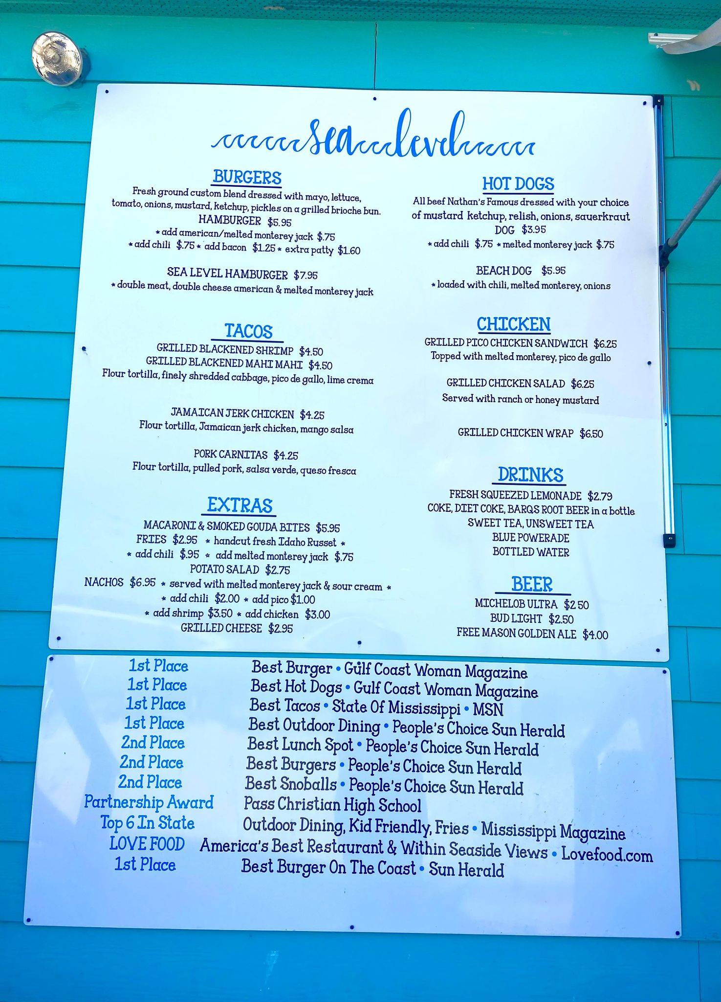 Menu at Sea Level restaurant, Pass Christian