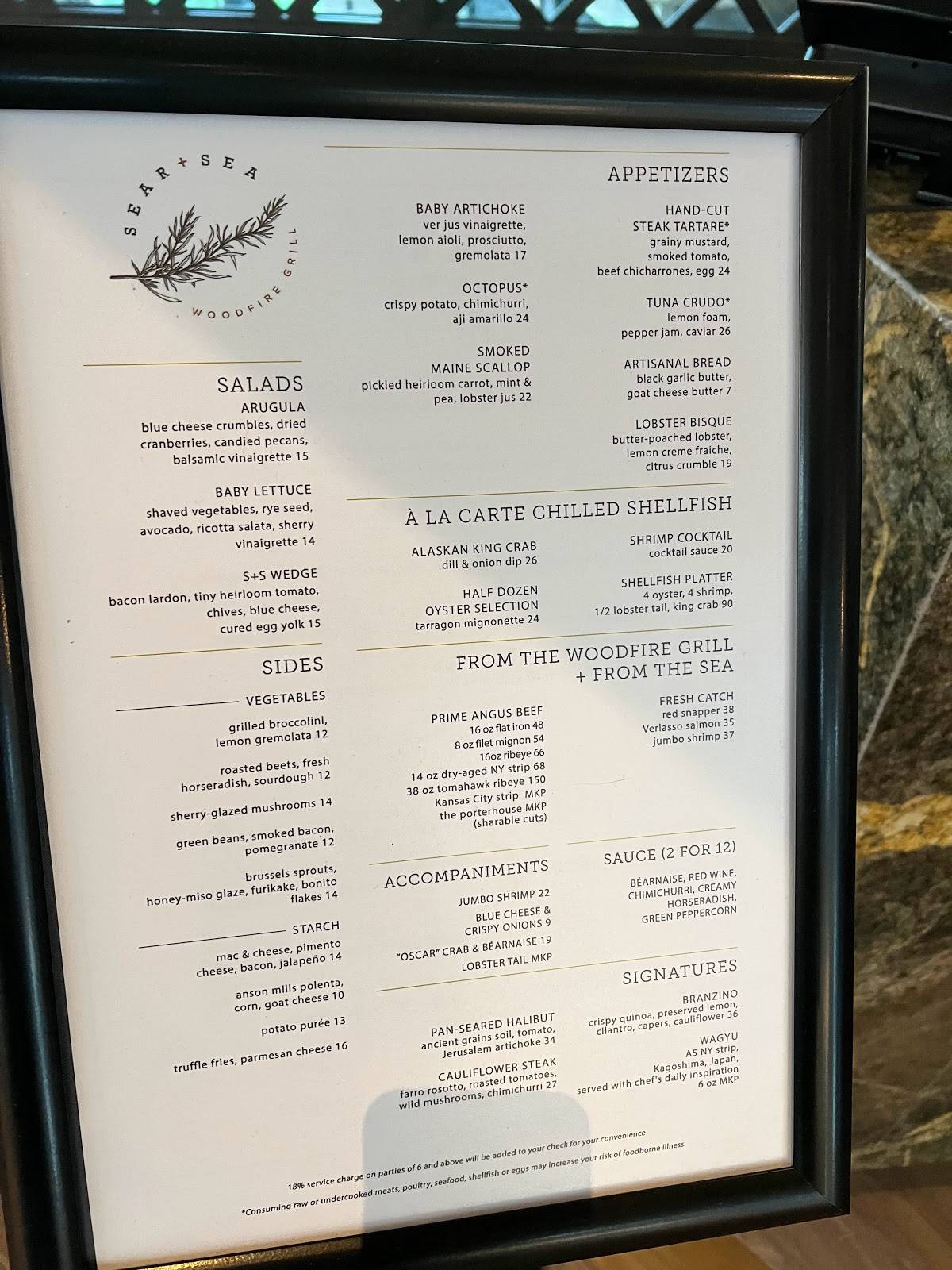 Menu at Sear + Sea Woodfire Grill restaurant, Orlando
