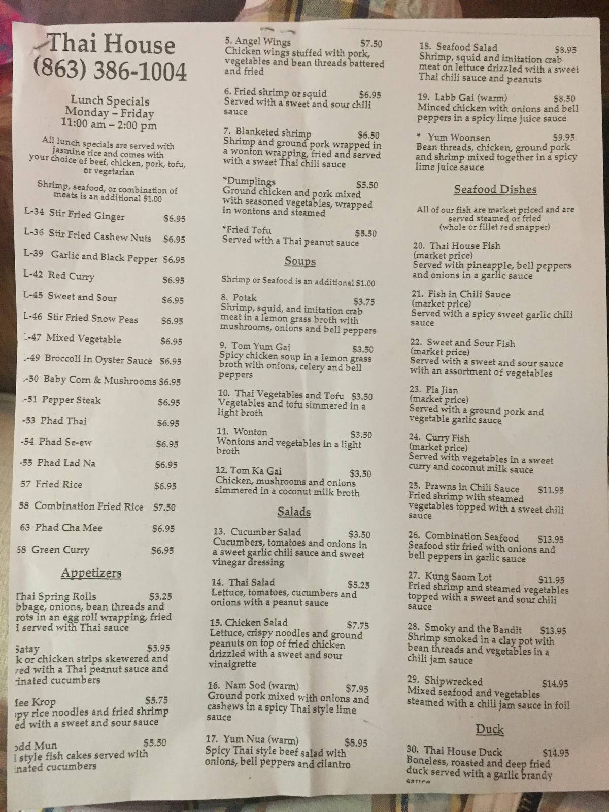 Menu at Thai House restaurant, Sebring