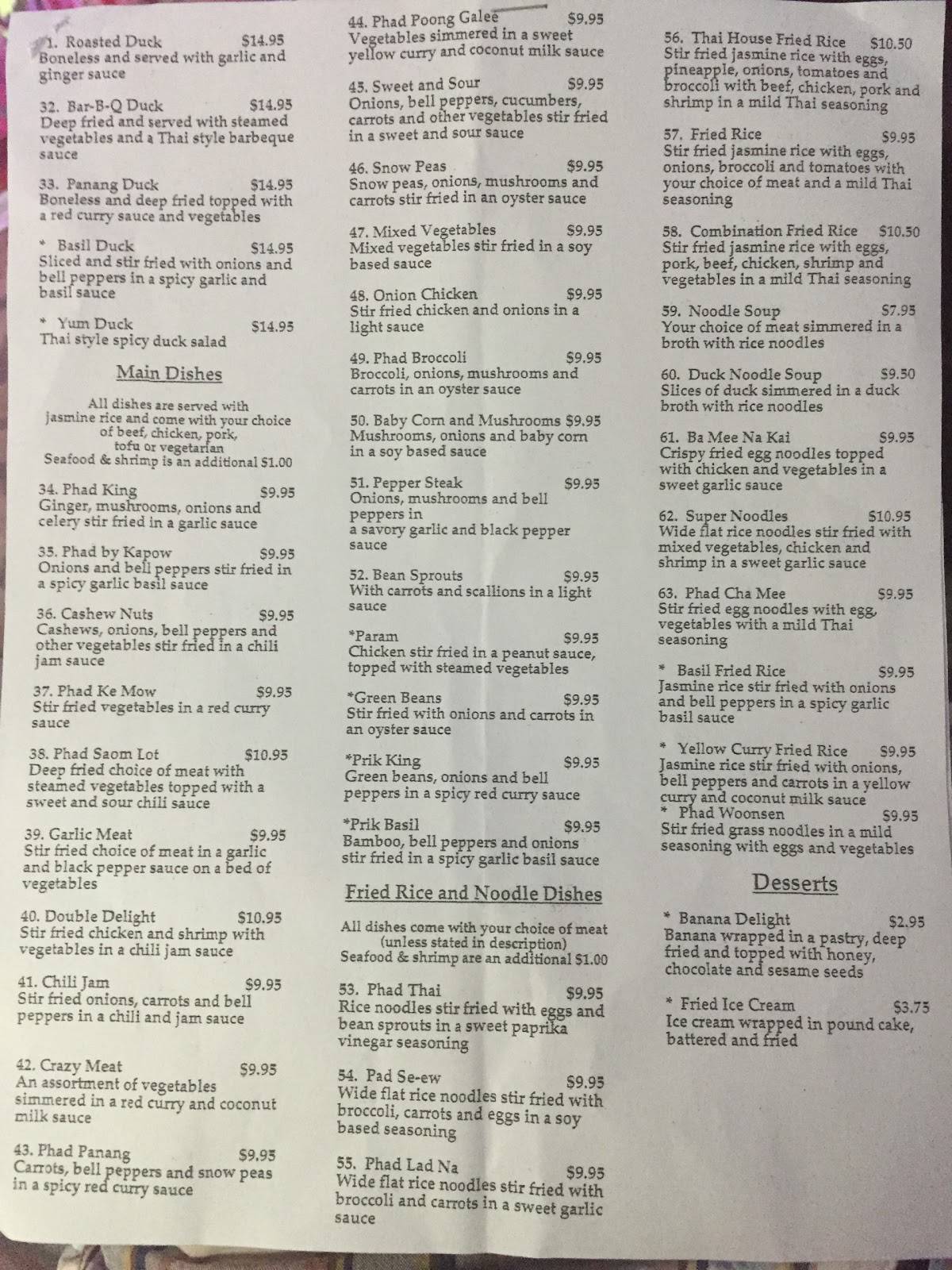 Menu at Thai House restaurant, Sebring