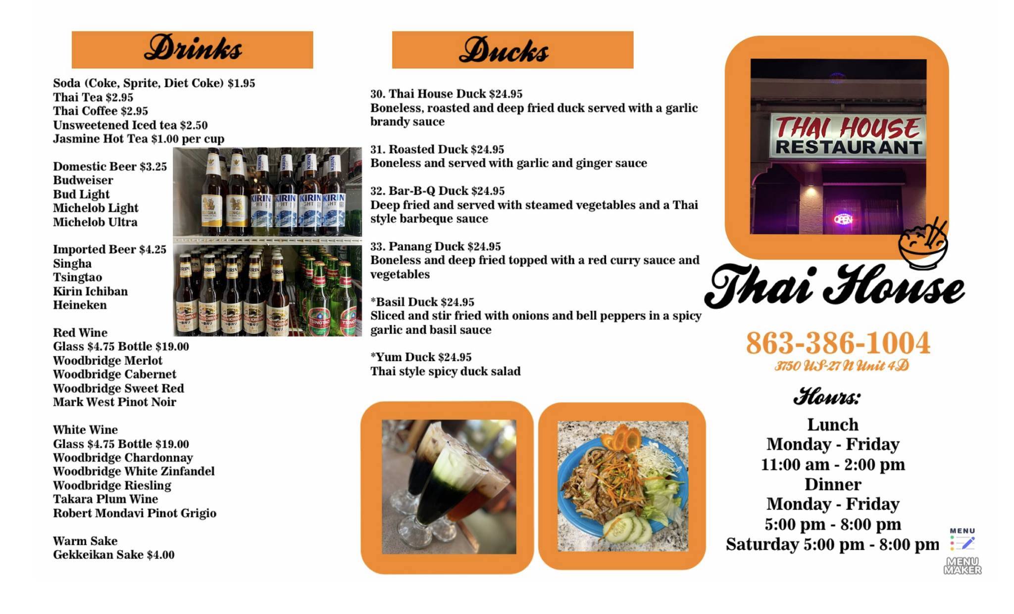 Menu at Thai House restaurant, Sebring
