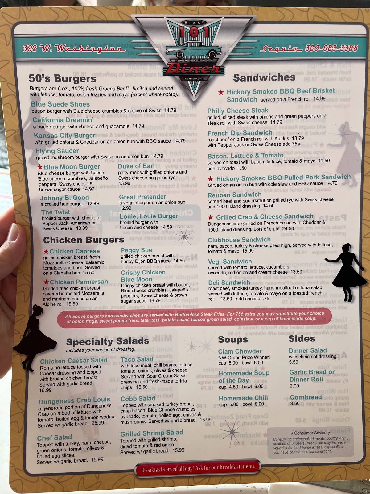 Menu at Hi-Way 101 Diner restaurant, Sequim, 392 W Washington St