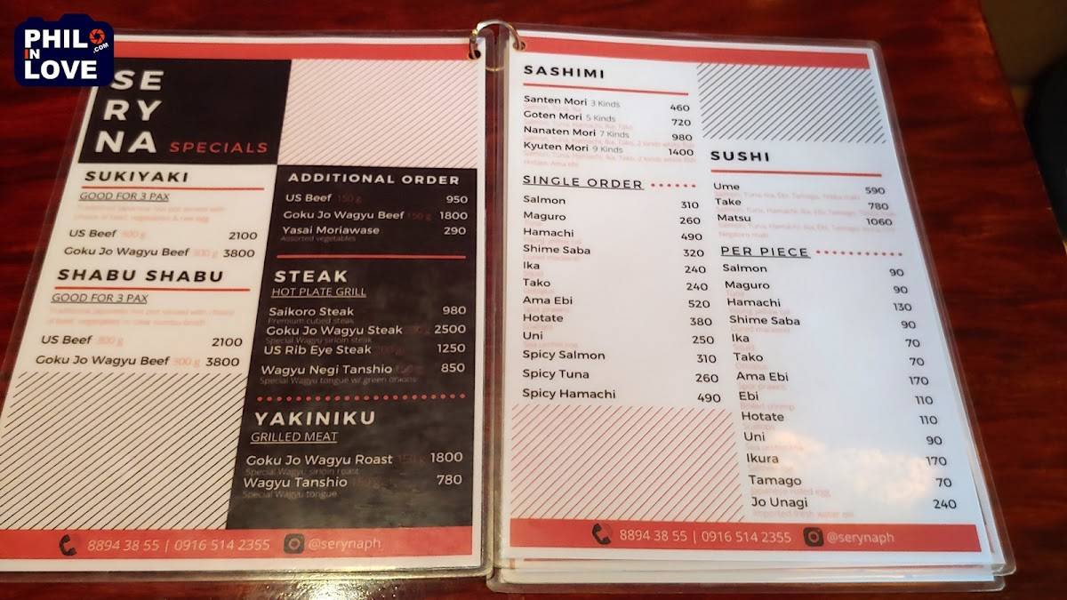 Menu at Seryna Japanese Restaurant, Makati, Chino Roces Ave