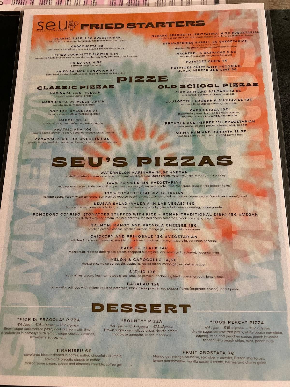 Carta de pizzería Seu Pizza Illuminati, Roma