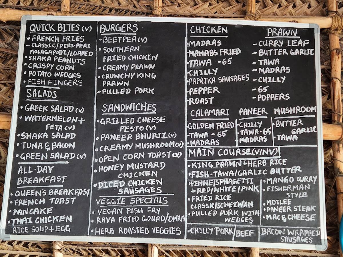 Menu at Shaka Shack, Mahabalipuram