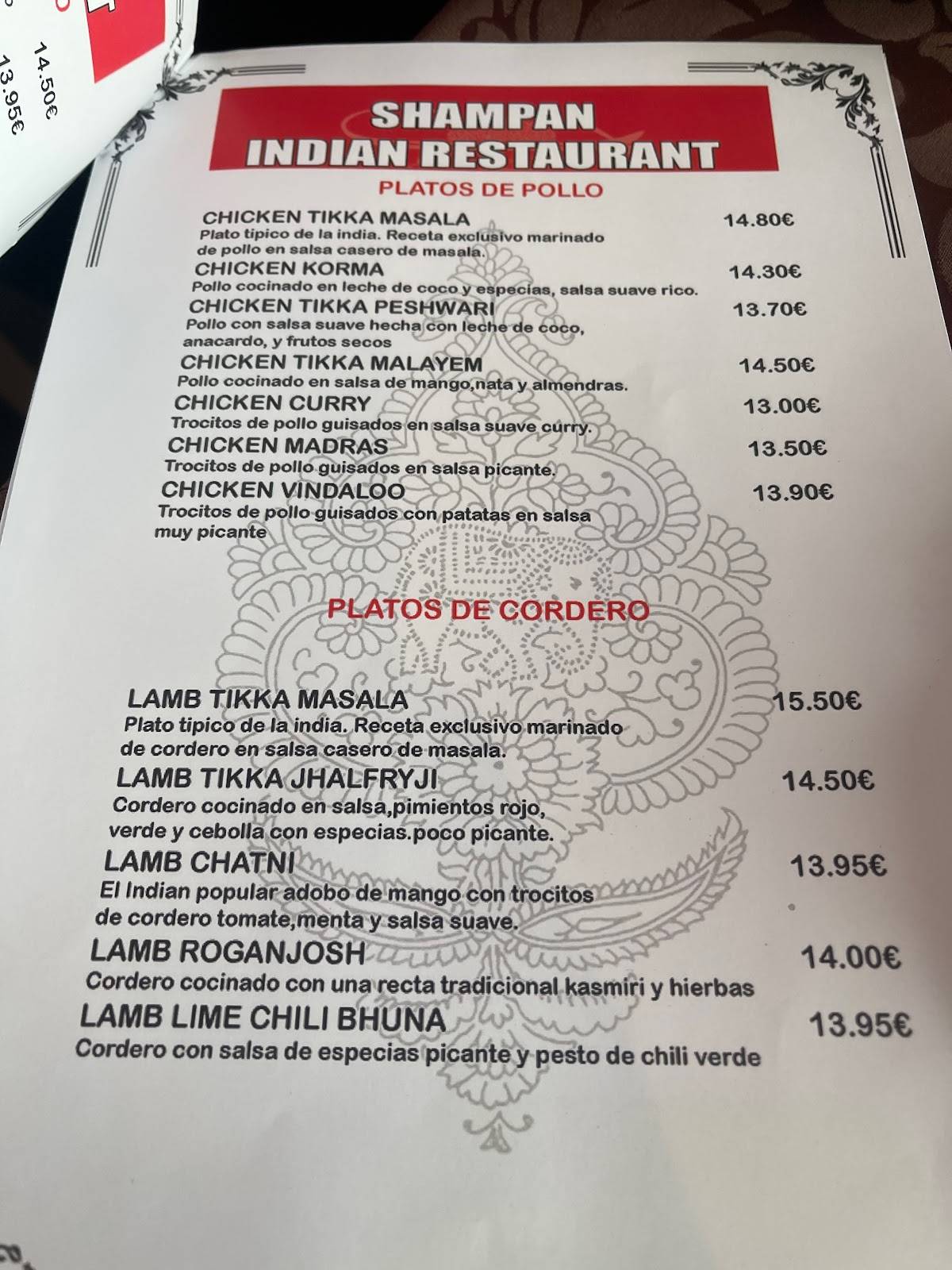 Carta de Shampan Indian Restaurante, Madrid
