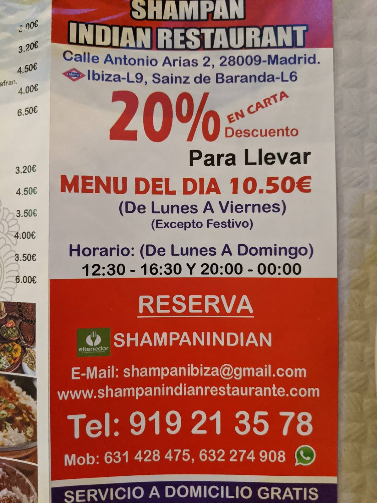 Carta de Shampan Indian Restaurante, Madrid