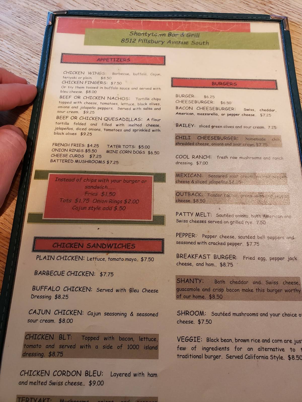 Menu at Shantytown Grill pub & bar, Bloomington