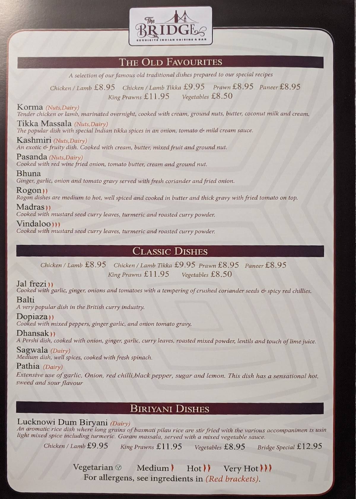 Menu at The Bridge restaurant, Sherston