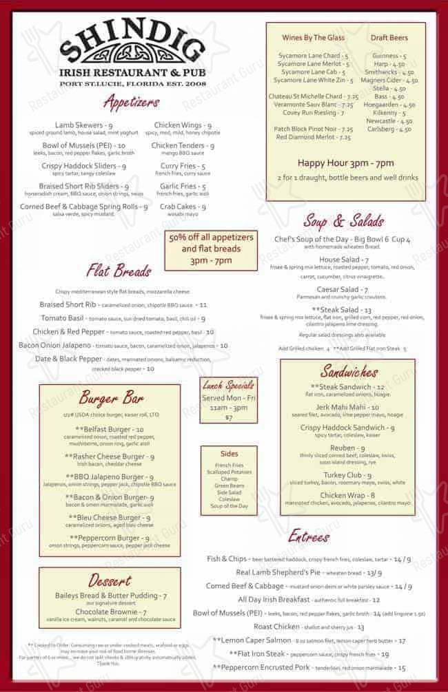 Menu at Shindig Irish Restaurant & Pub, Port St. Lucie