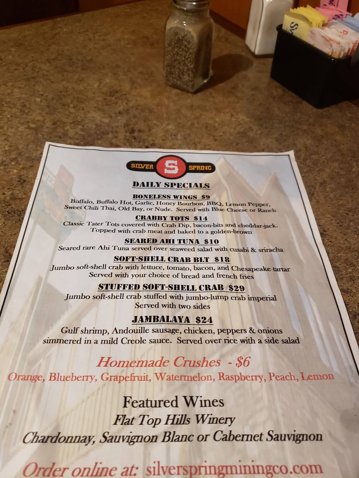 Menu at Silver Spring Mining Company pub & bar, Perry Hall