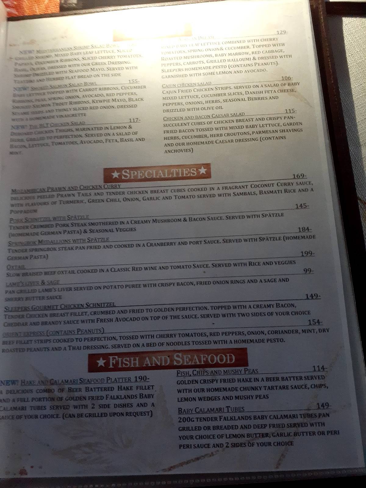 Menu at Sleepers Railway Station Restaurant., Hoedspruit