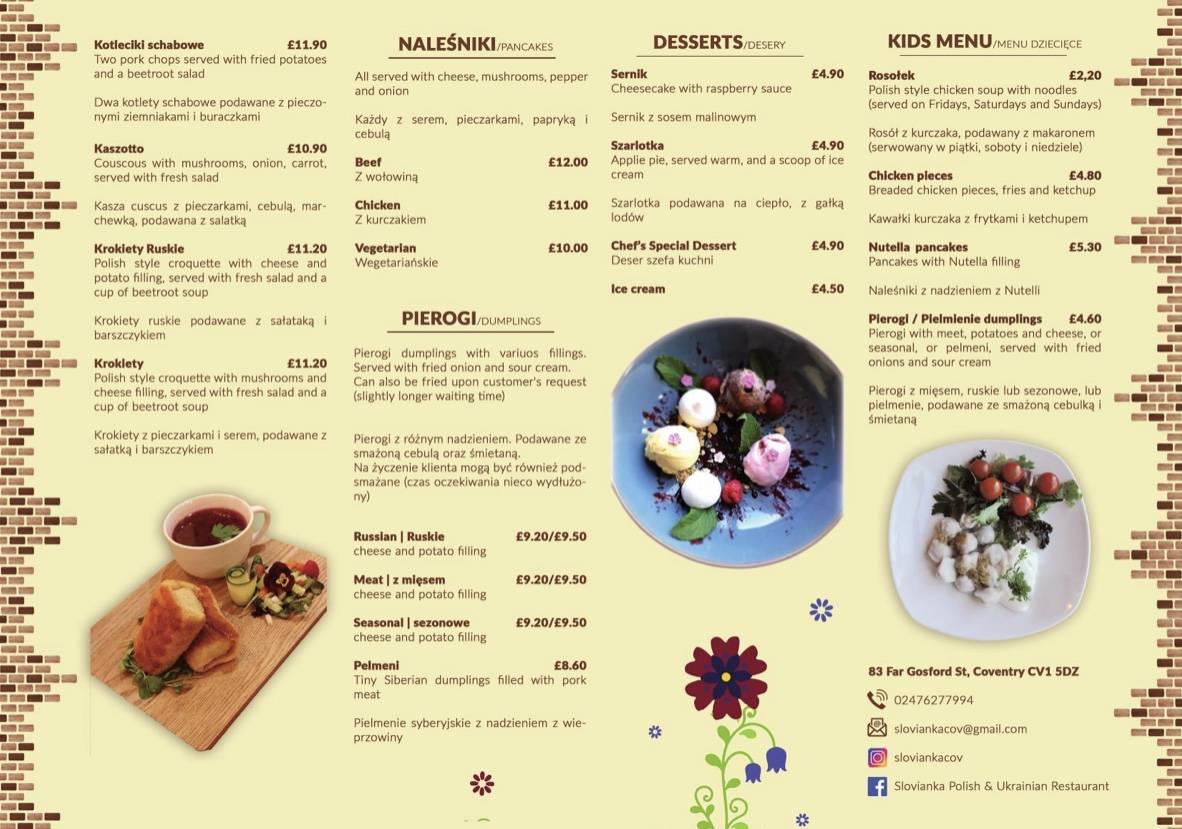 Menu at Slovianka Polish & Ukrainian cuisine restaurant, Coventry
