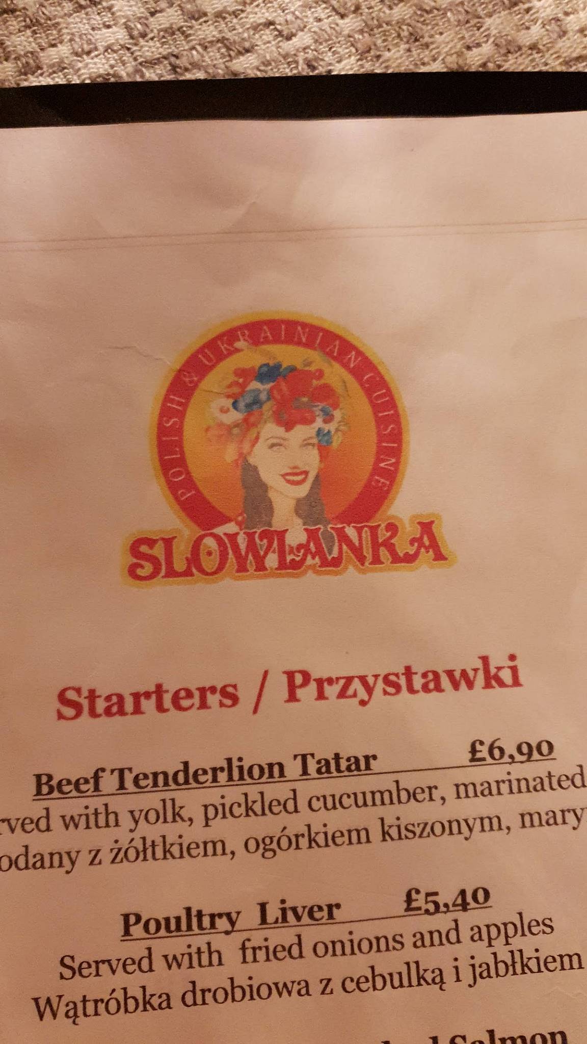 Menu at Slovianka Polish & Ukrainian cuisine restaurant, Coventry