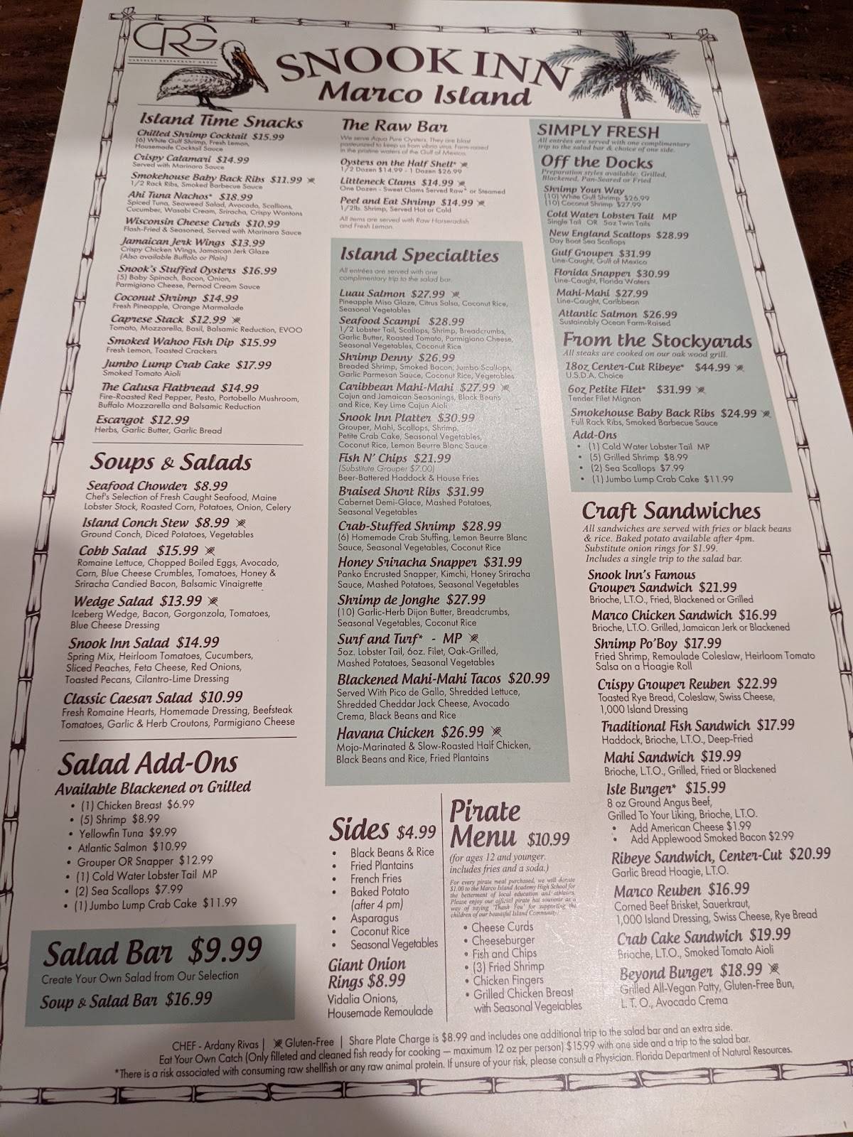 Menu at Snook Inn pub & bar, Marco Island