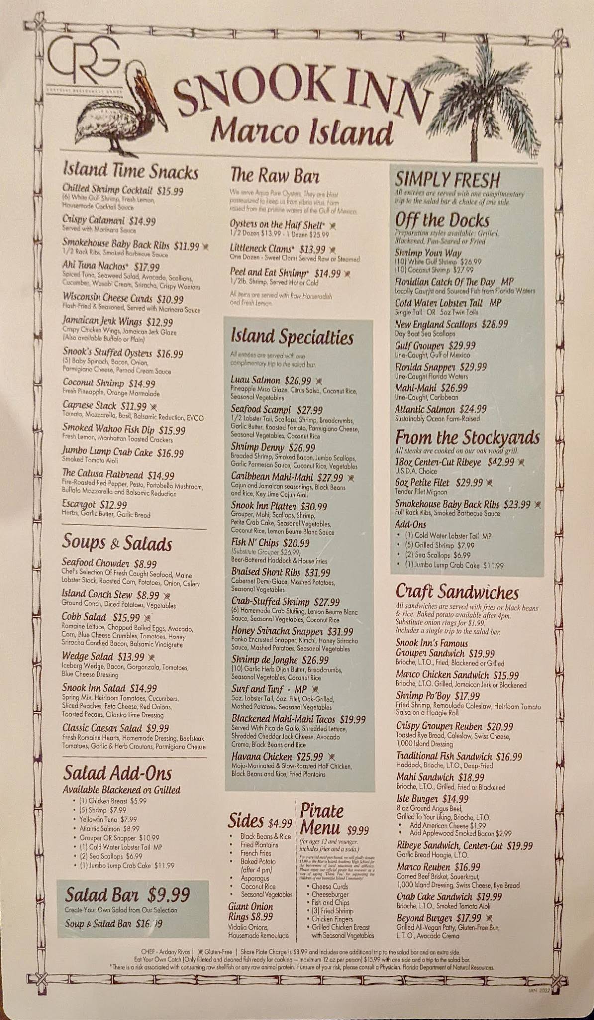 Menu at Snook Inn pub & bar, Marco Island