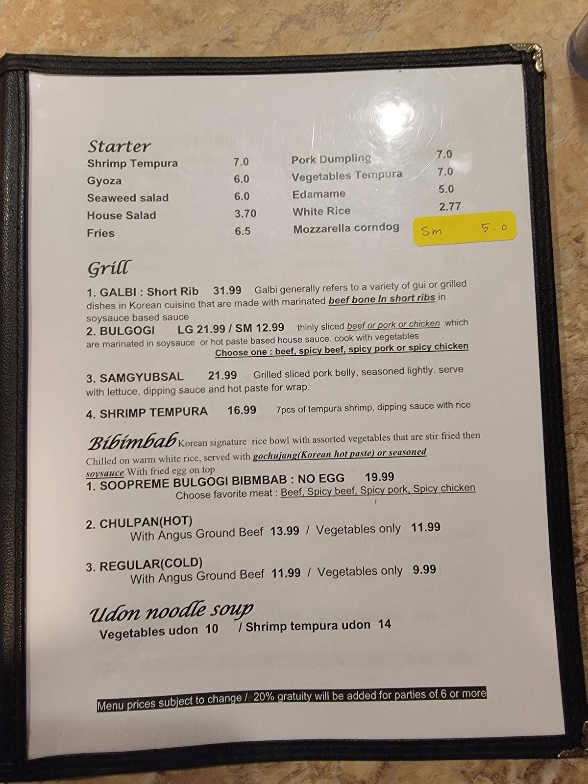 Menu at Soo Cafe, Raleigh