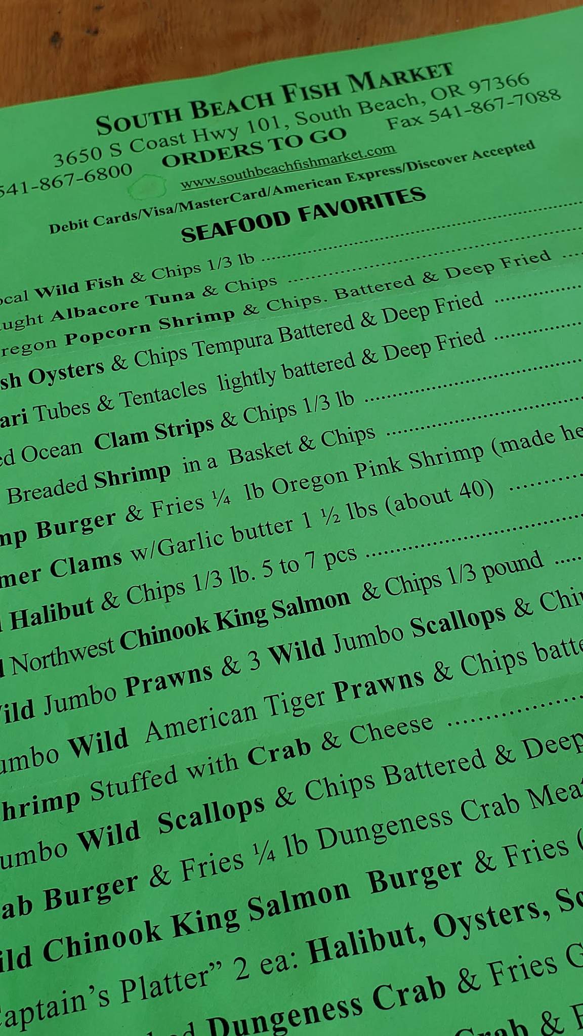 Menu at South Beach Fish Market restaurant, Newport