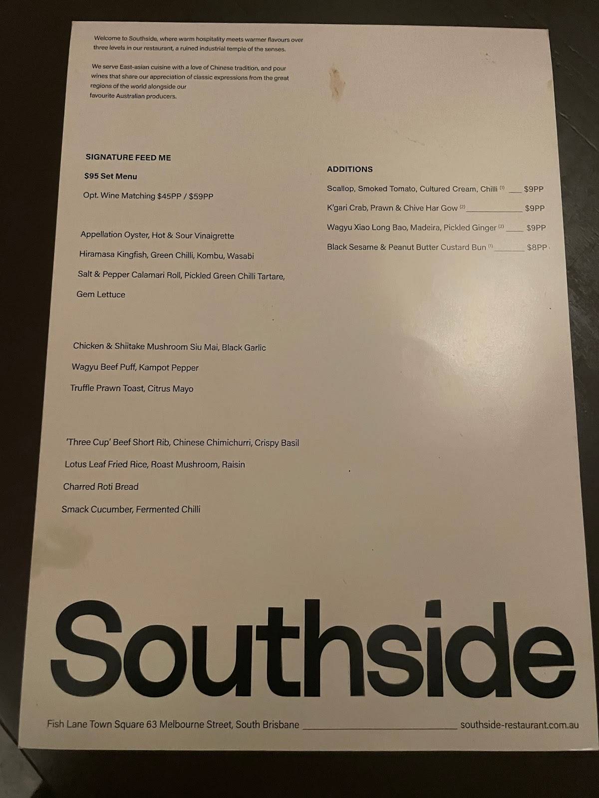 Menu at Southside Restaurant, South Brisbane