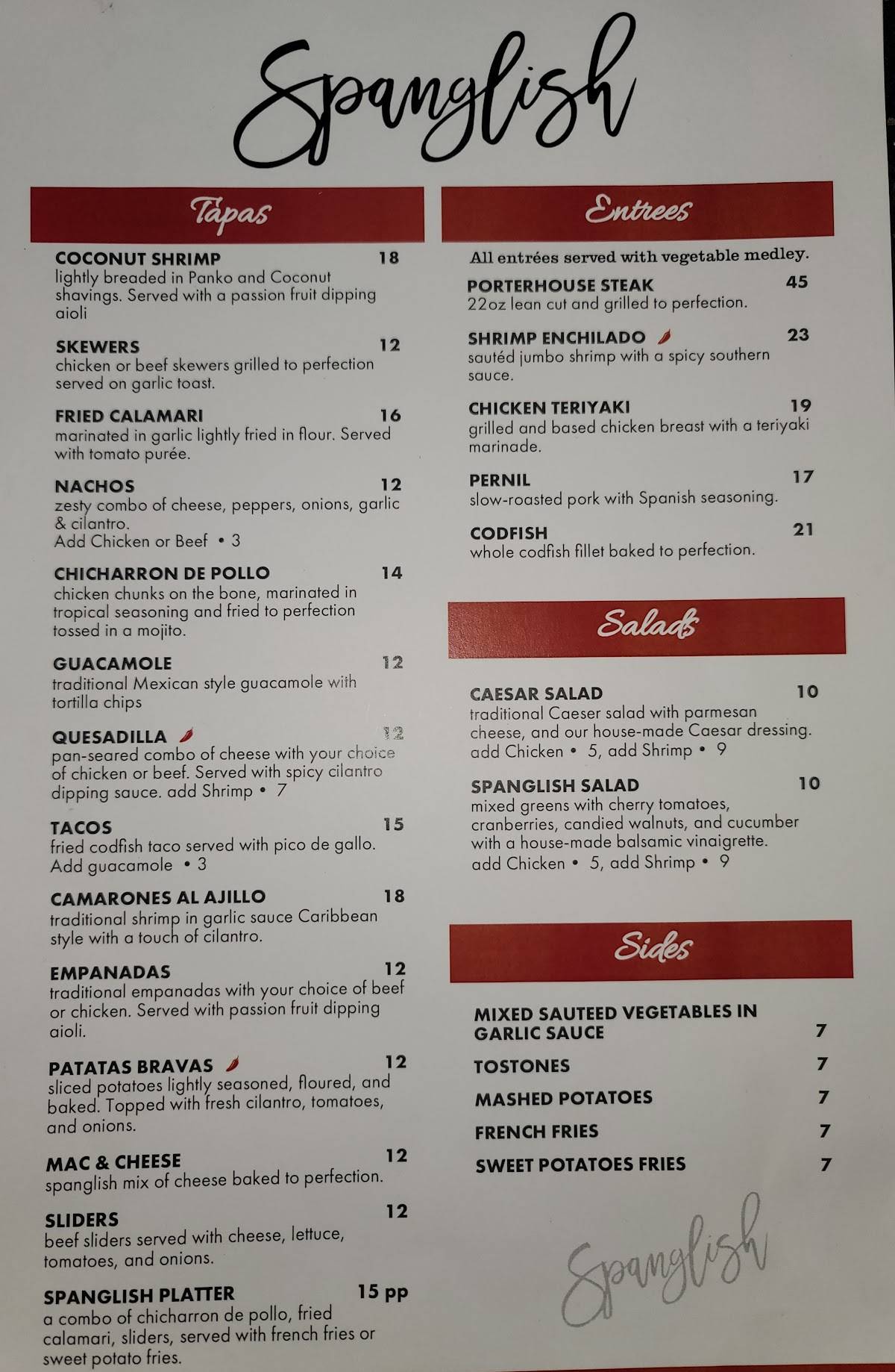Menu at Spanglish Bar & Restaurant, Yonkers