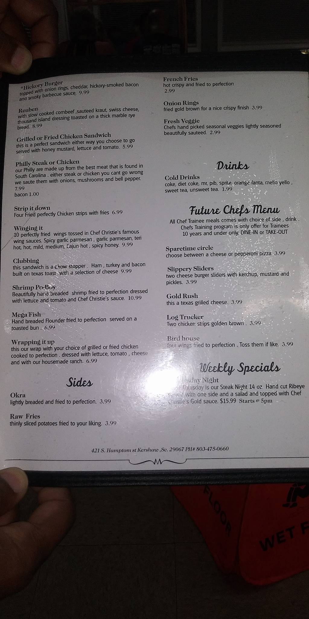 Menu at Spare Time Grill steakhouse, Kershaw