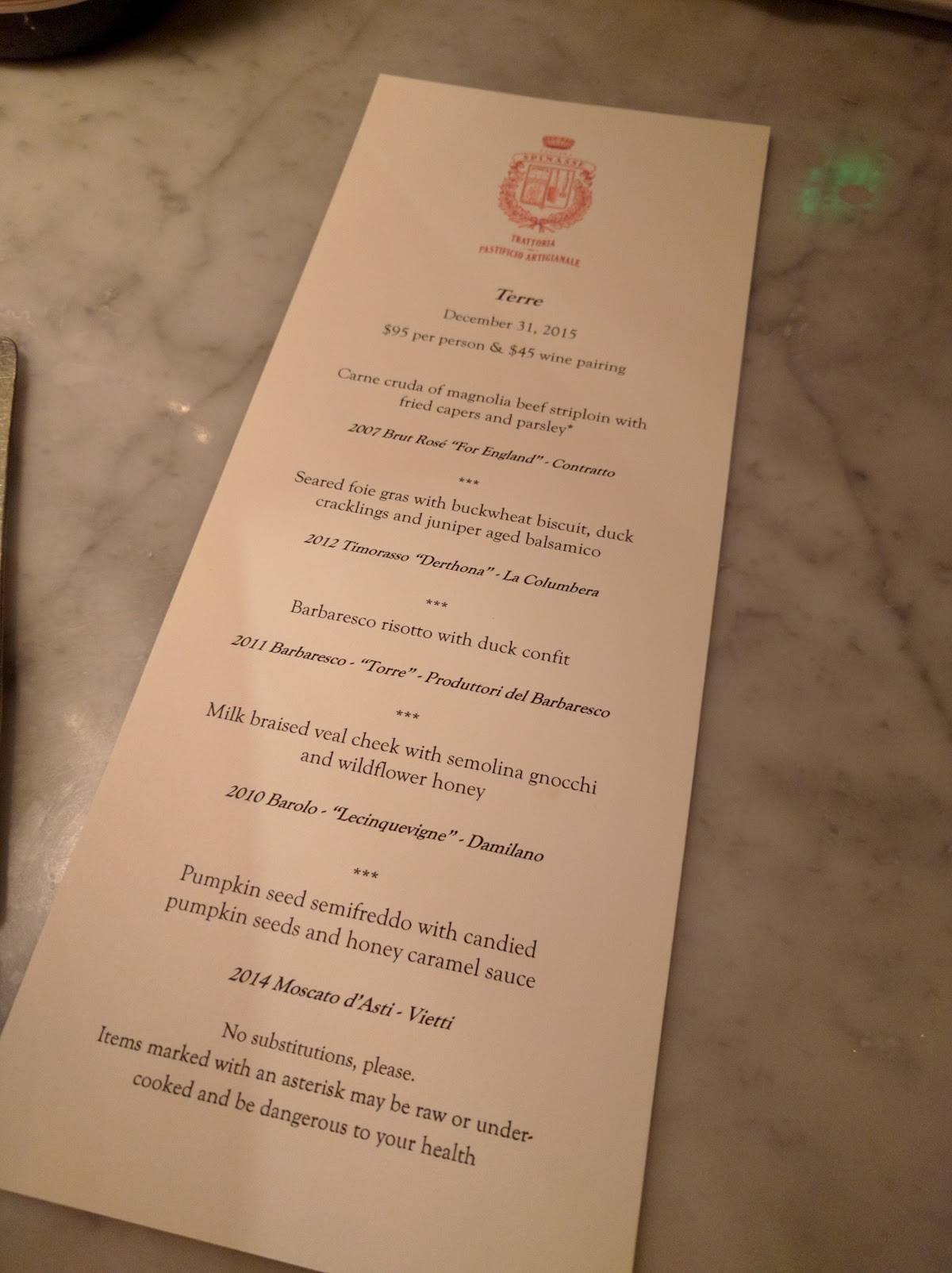 Menu at Spinasse restaurant, Seattle