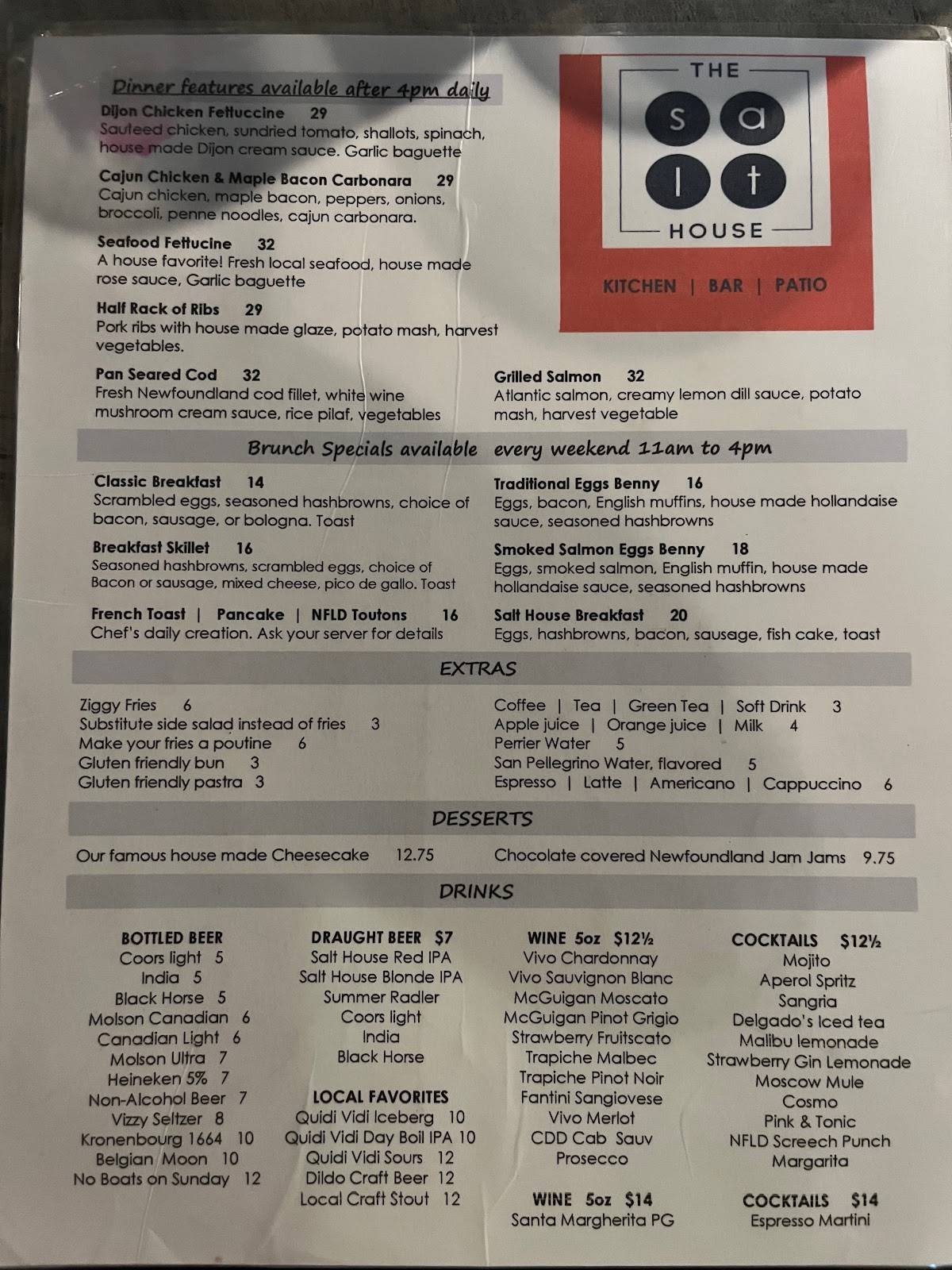 Menu at The Salt House Kitchen restaurant, St. John's