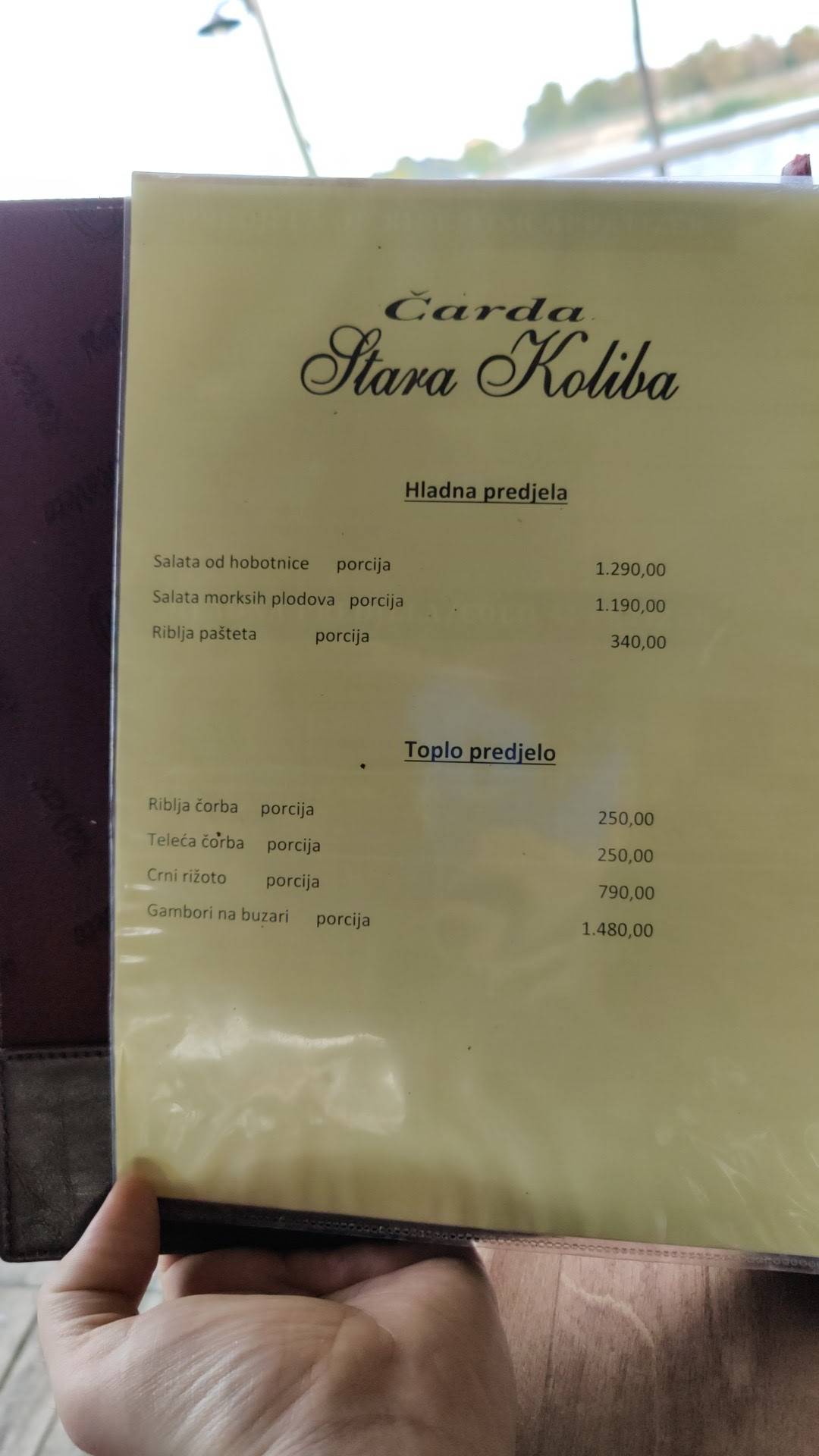 Menu at Stara Koliba restaurant, Belgrade