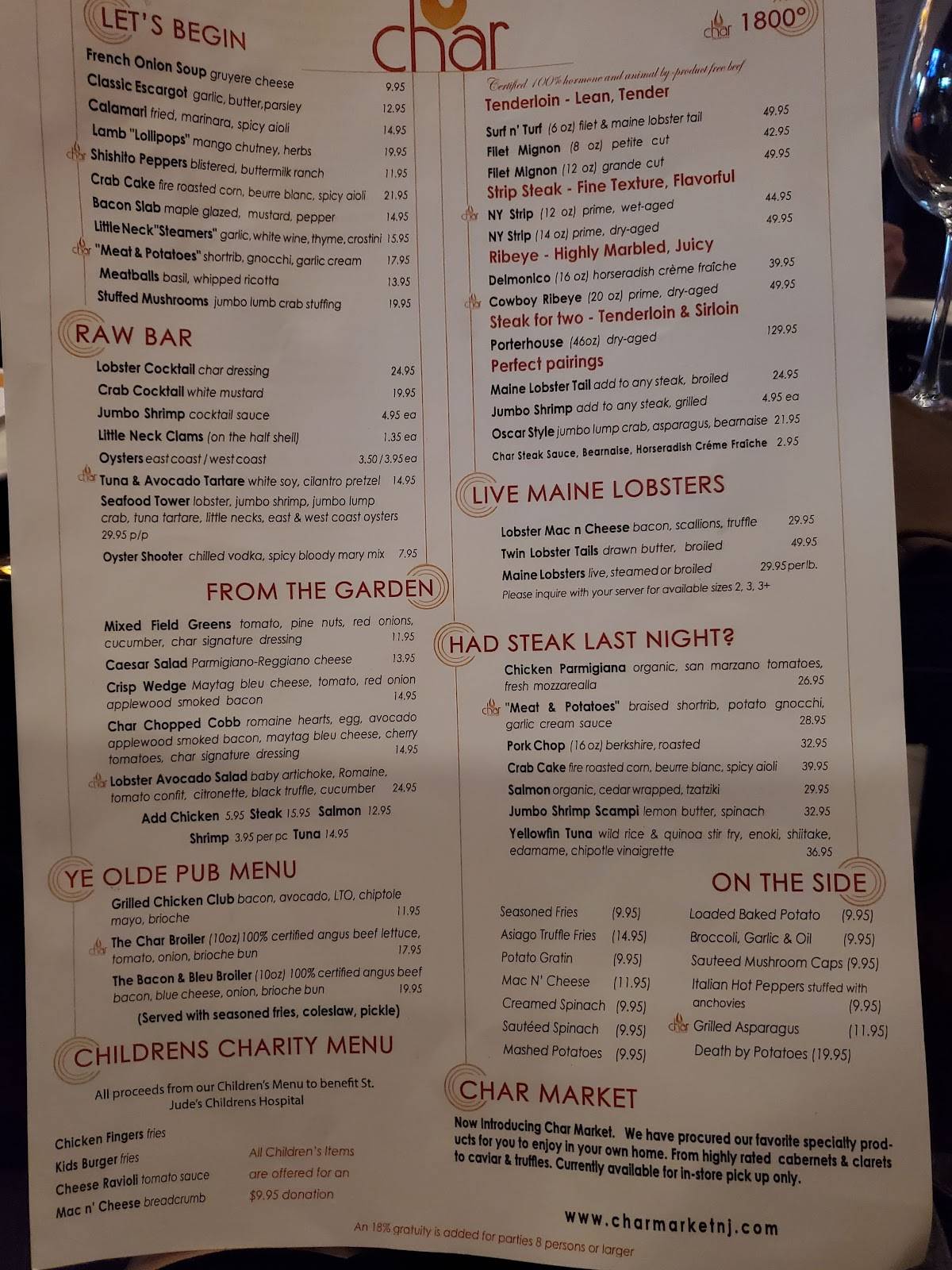 Menu at Char Steakhouse, Raritan