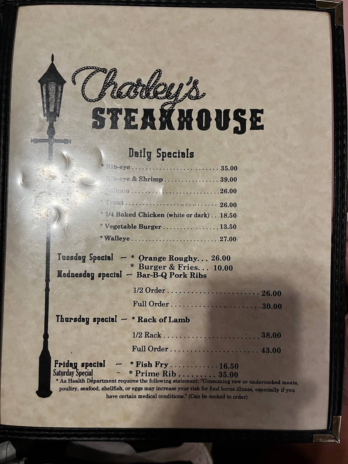 Menu at Charley's Steak House steakhouse, Wickenburg