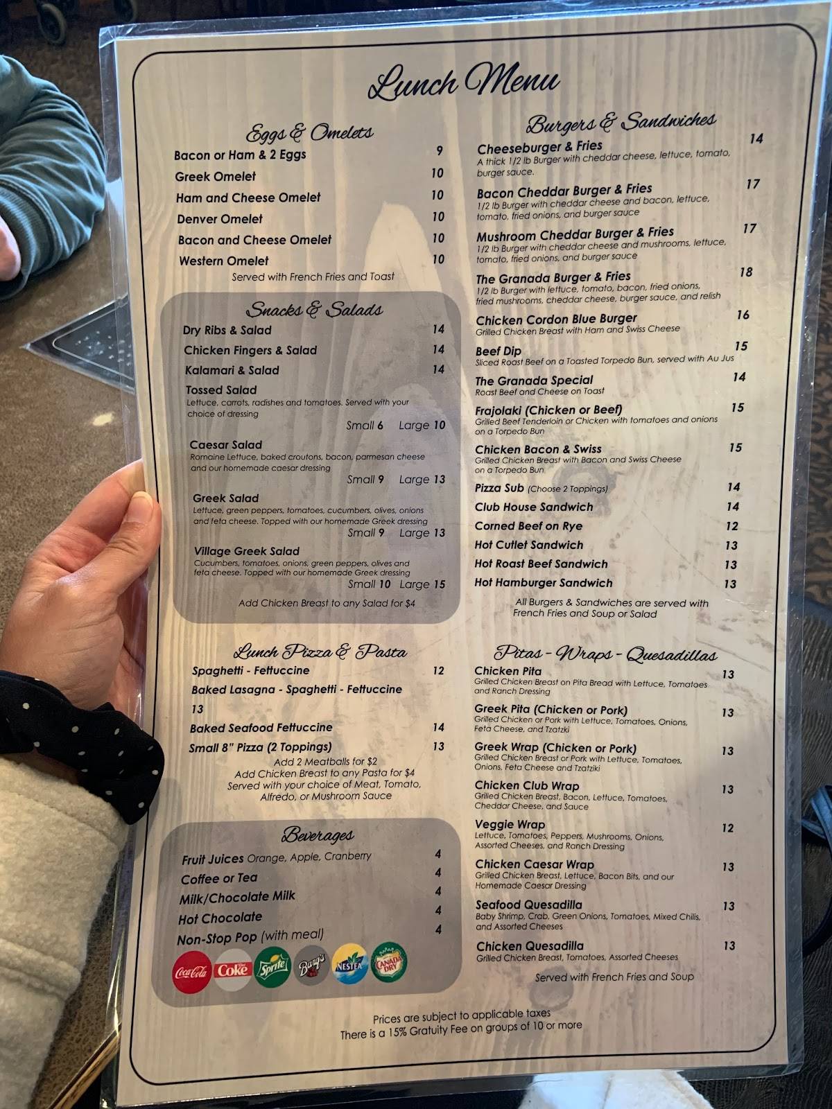 Menu at Granada House steakhouse, Saskatoon