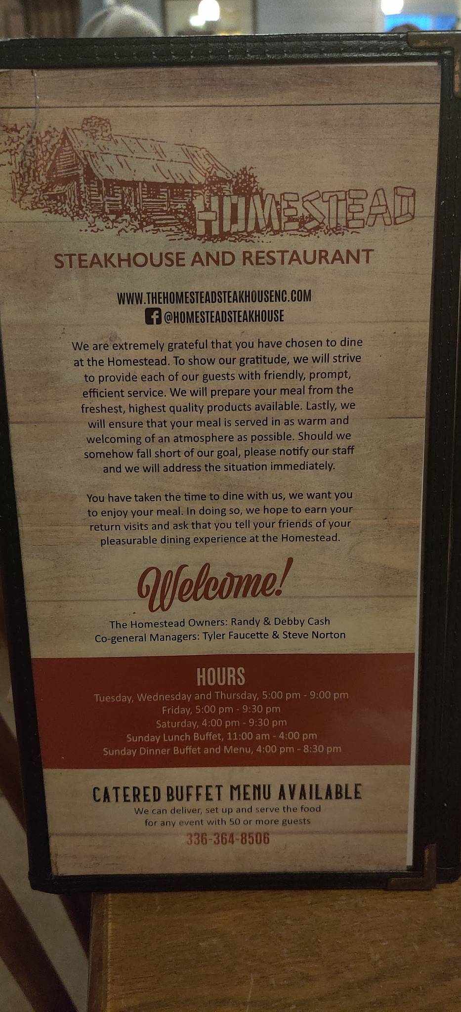 Menu at Homestead Steakhouse & Restaurant, Timberlake, 205 Frank ...