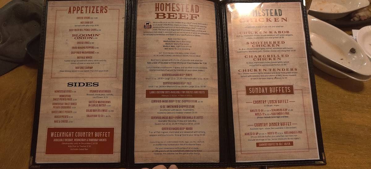 Menu at Homestead Steakhouse & Restaurant, Timberlake, 205 Frank ...