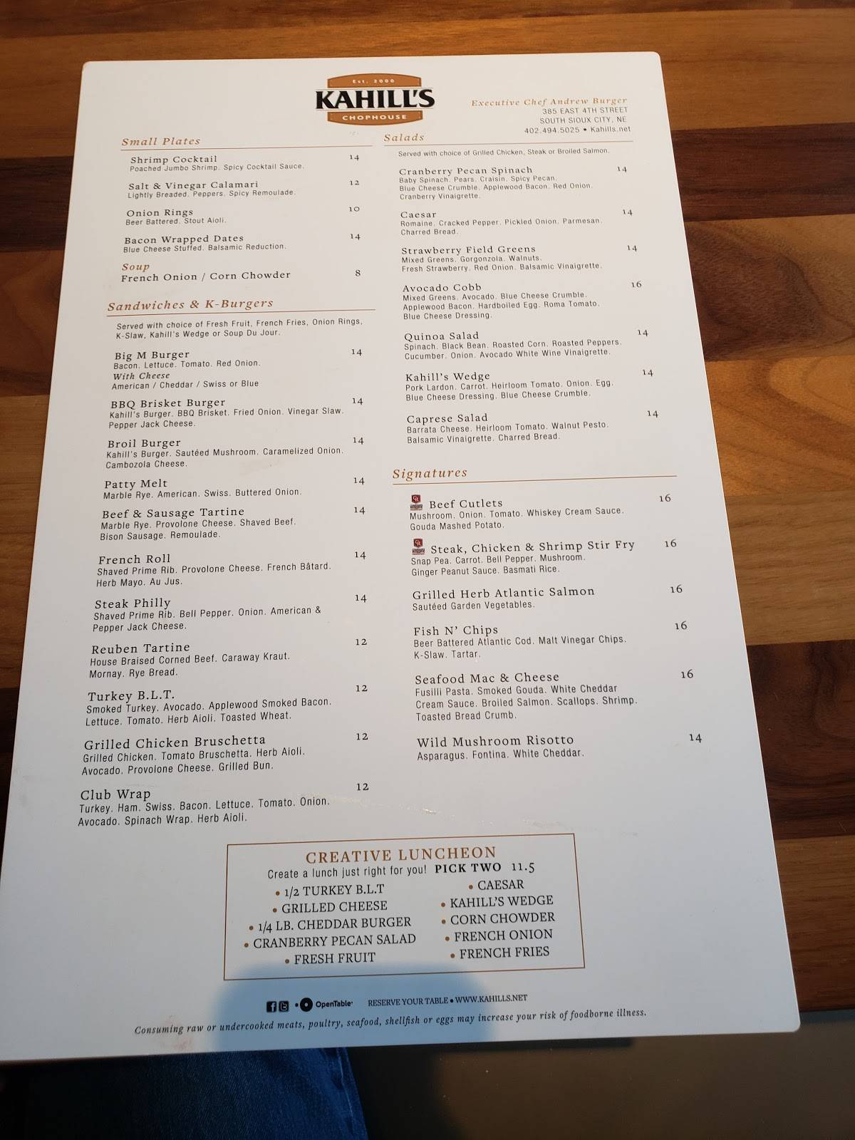Menu at Kahill's Chophouse steakhouse, South Sioux City
