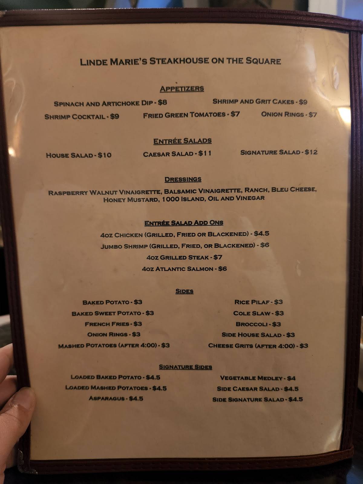 Menu at Linde Marie's Steakhouse on the Square, Cave Spring