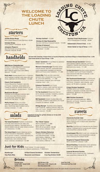 Menu at Loading Chute Restaurant and Barn, Creston