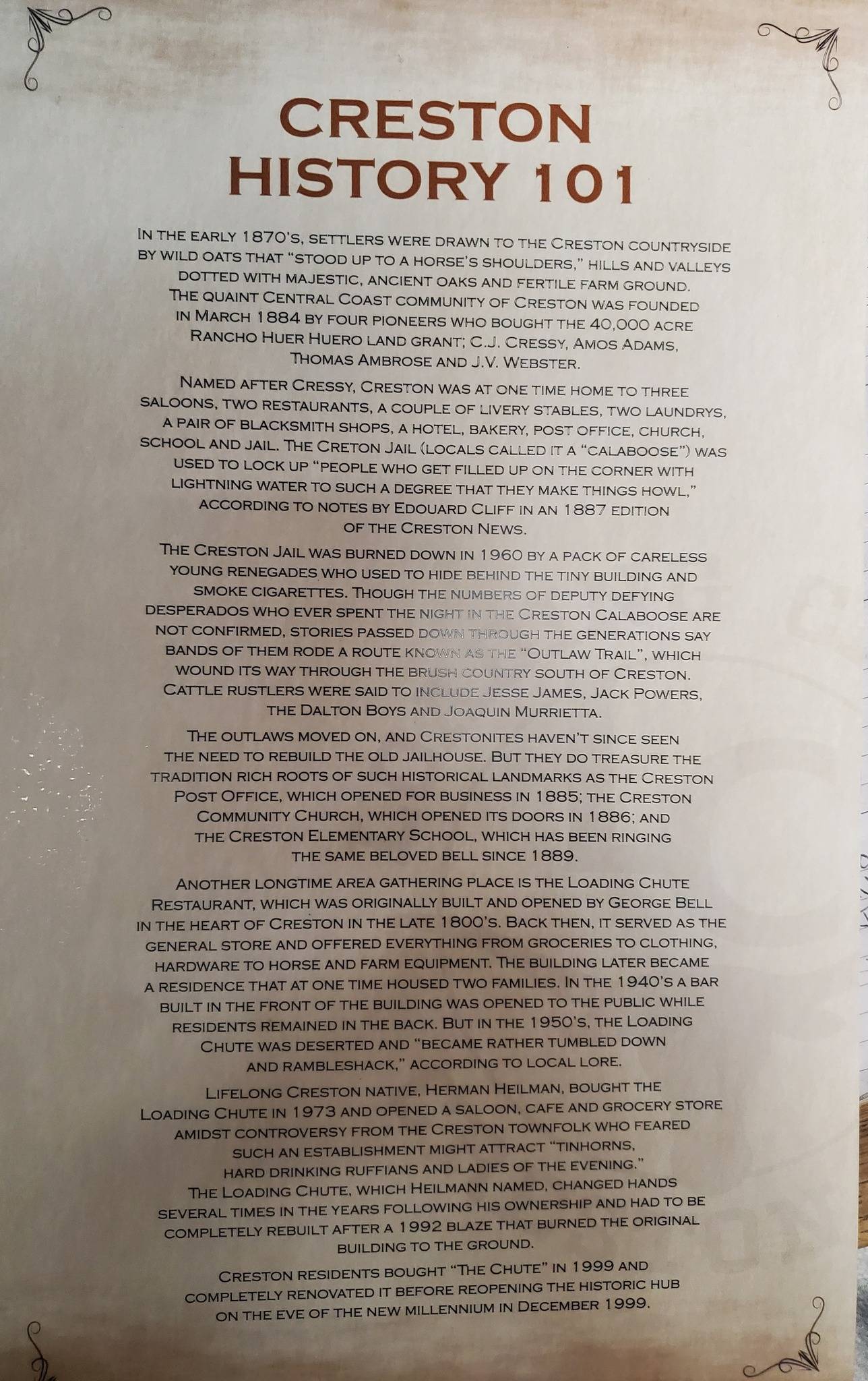 Menu at Loading Chute Restaurant and Barn, Creston