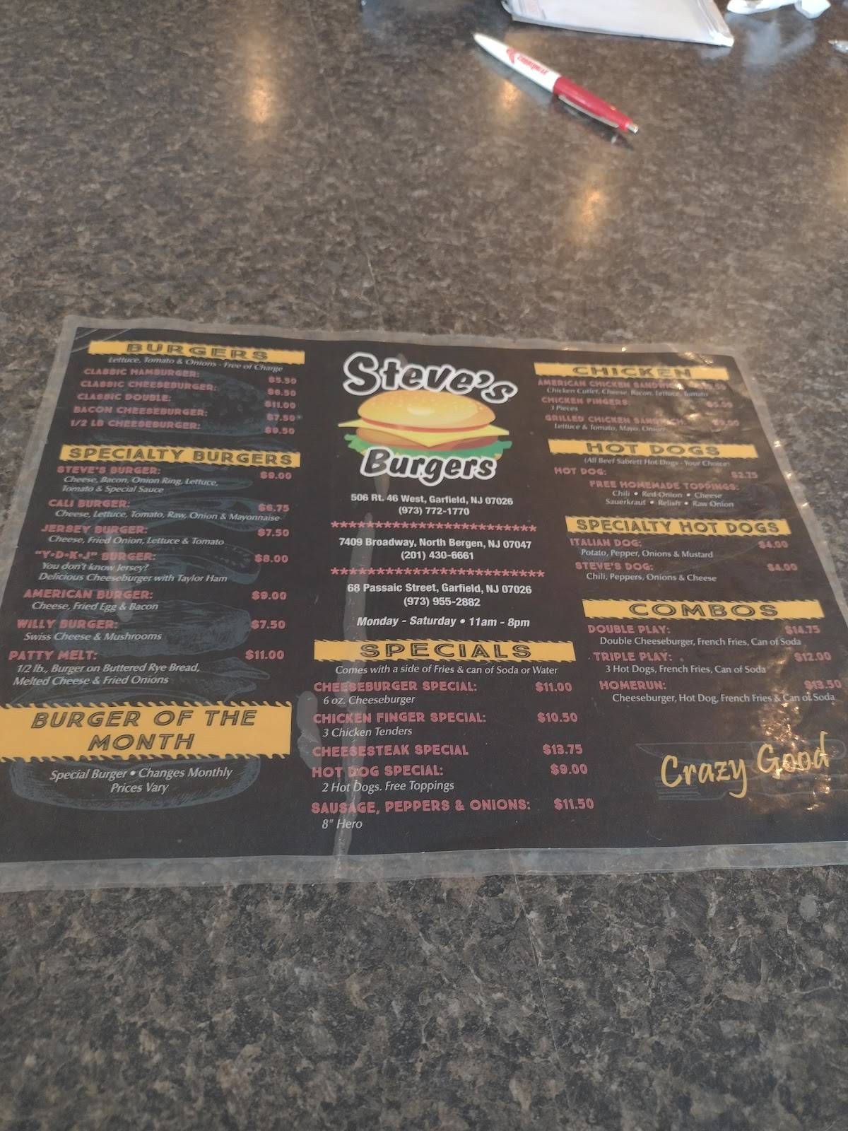 Menu at Steve's Burgers restaurant, Garfield, 506 US-46