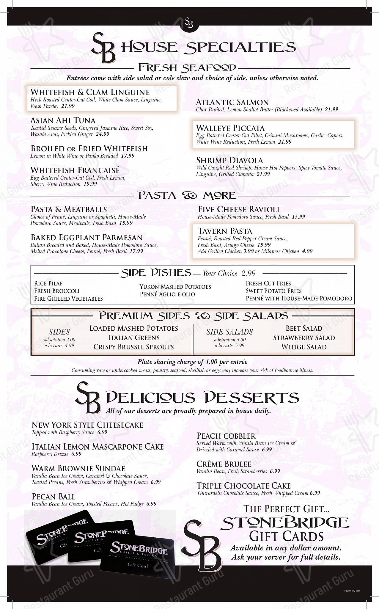 Menu at Stonebridge Grille & Tavern pub & bar, Youngstown