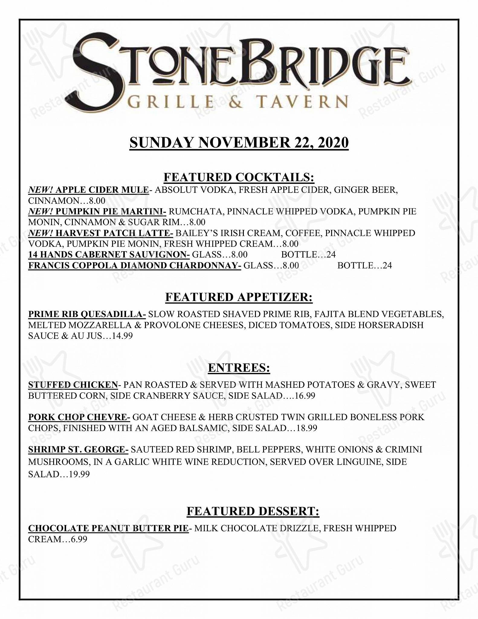 Menu at Stonebridge Grille & Tavern pub & bar, Youngstown